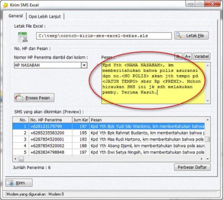 Mengirim SMS dari File Excel
